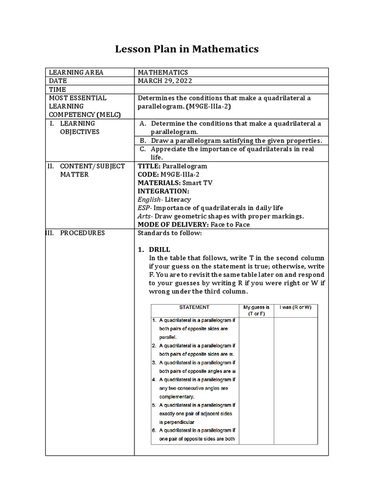 Parallelogram Lesson Plan Overview | PDF | Rectangle | Geometric Shapes