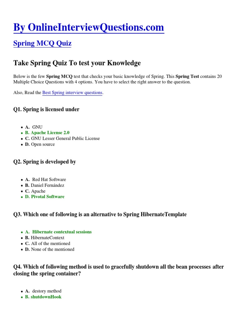 Spring MCQ Quiz | PDF | Computer Programming | Software Engineering