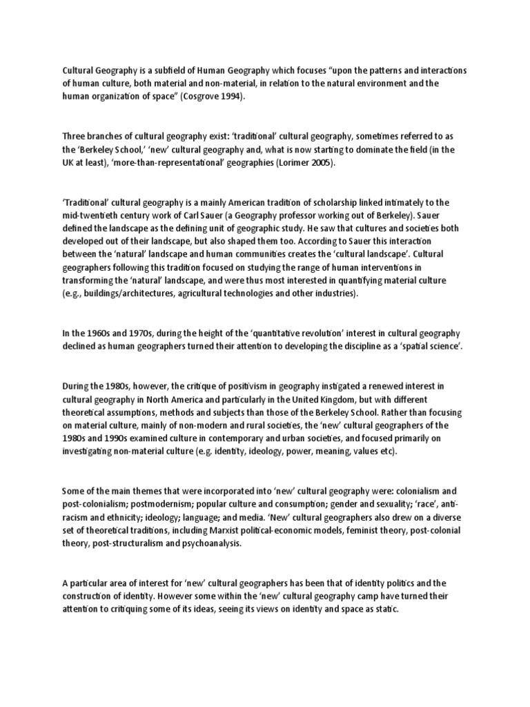 Cultural Geography Is A Subfield of Human Geography Which Focuses | PDF ...