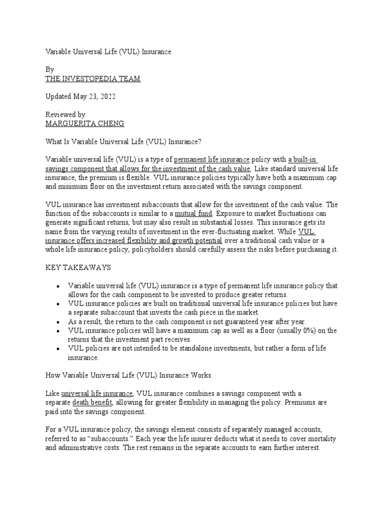 Variable Universal Life - Explanation | PDF | Insurance | Life Insurance