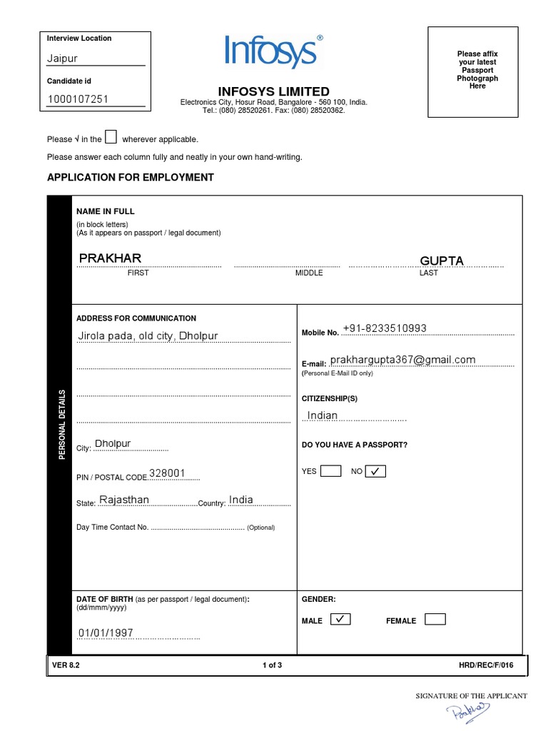 Infy - Application Form - Lateral - 8.2 | PDF | Common Law | Government