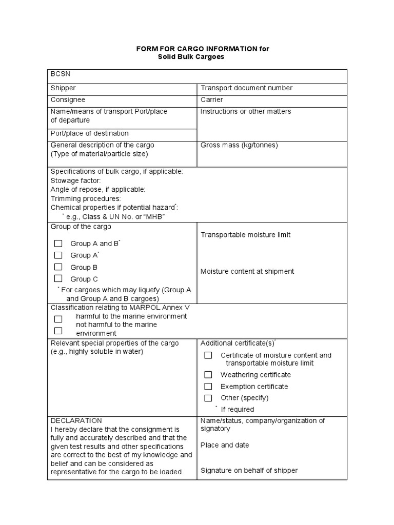Form For Cargo Information For Solid Bulk Cargoes | PDF