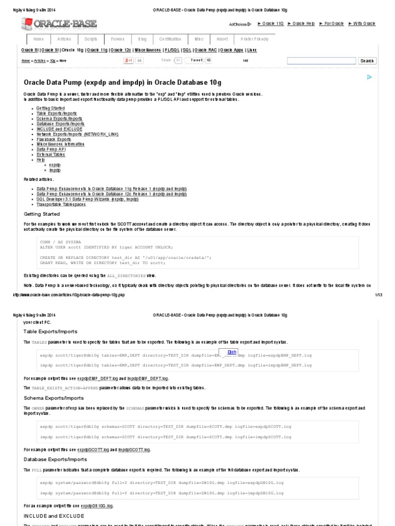 ORACLE-BASE - Oracle Data Pump (Expdp and Impdp) in Oracle Database 10g | PDF | Databases ...