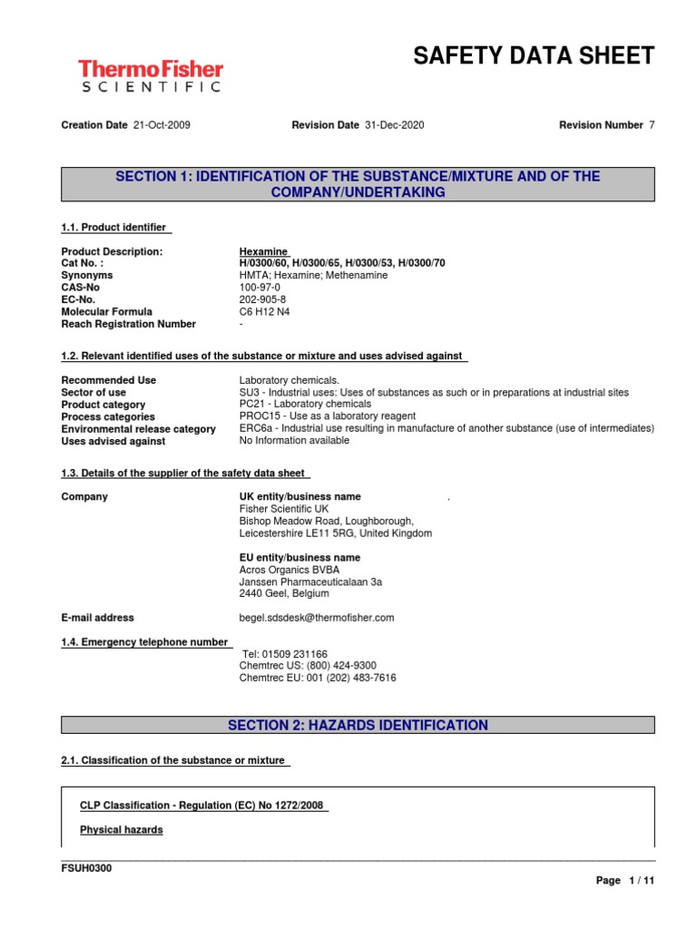 MSDS Hexamine Fischer Scientific | PDF | Dangerous Goods | Combustion