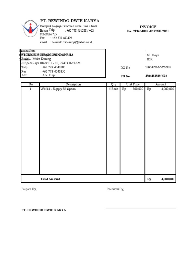 Pt. Bewindo Dwie Karya: No. 21345/BDK-INV/XII/2021 | PDF