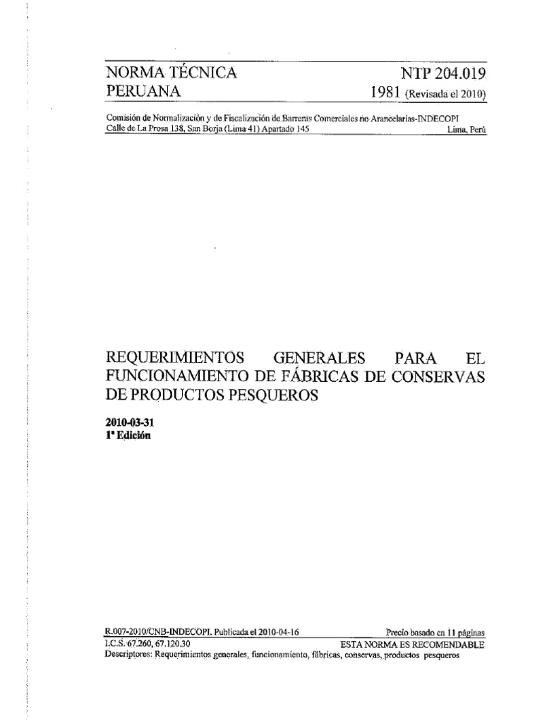 NTP 204 019 1981 Requerimientos Generales para El Funcionamiento de Fabricas de Conservas y ...