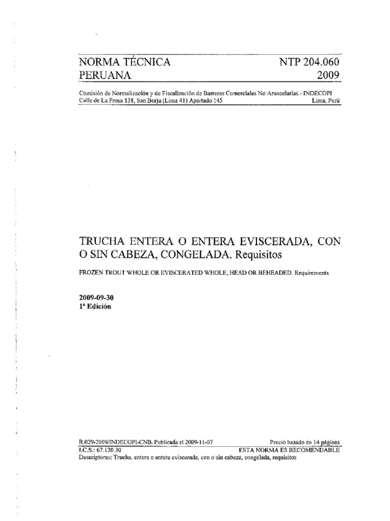 NTP 204 060 2009 Trucha Entera o Entera Evicerada Con o Sin Cabeza Congelada Requisitos | PDF