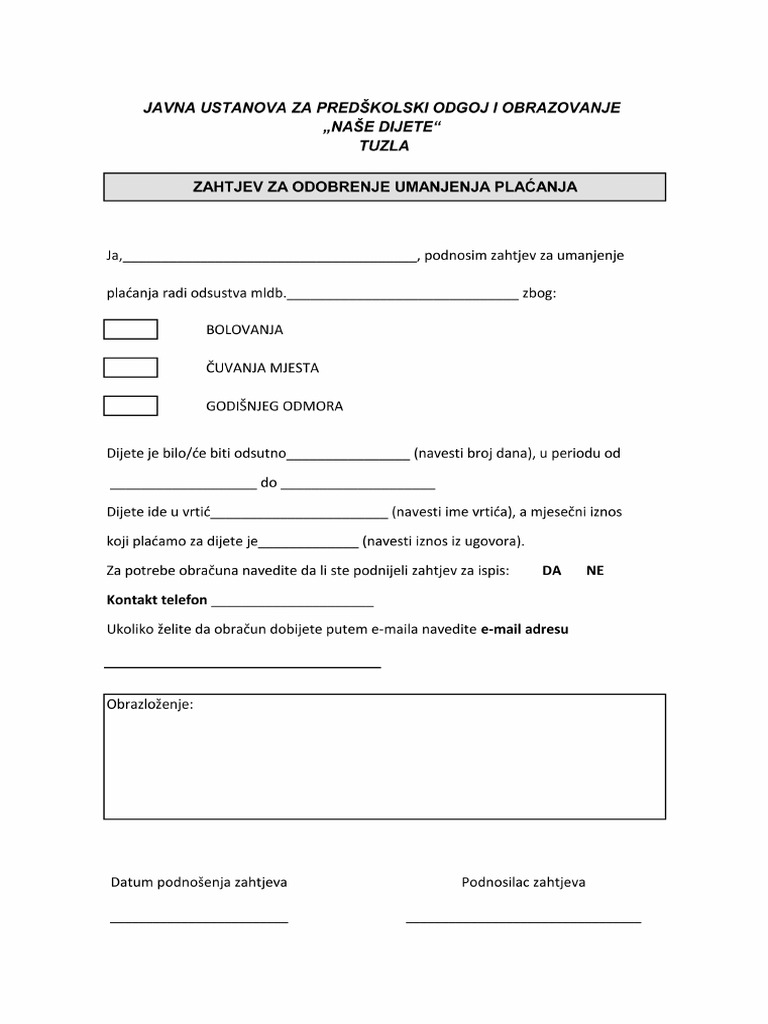 Zahtjev Za Odobrenje Umanjenje Placanja | PDF