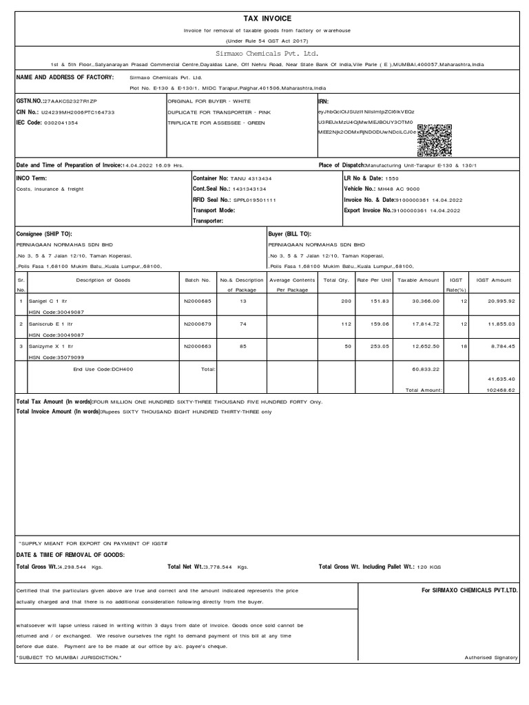 Sirmaxo Chemicals Pvt. LTD.: Tax Invoice | PDF | Payments | Economies