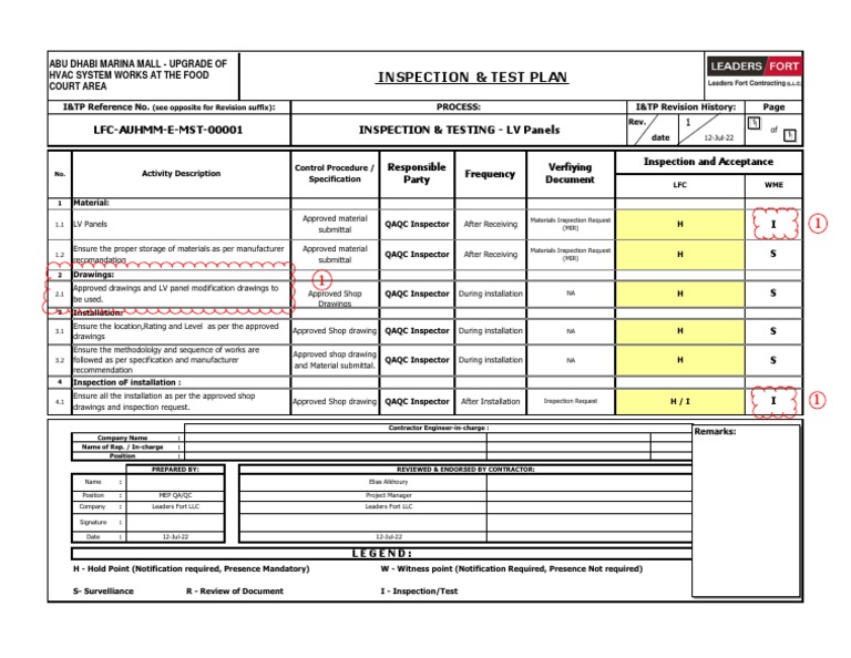 Inspection & Test Plan: LFC-AUHMM-E-MST-00001 Inspection & Testing - LV ...