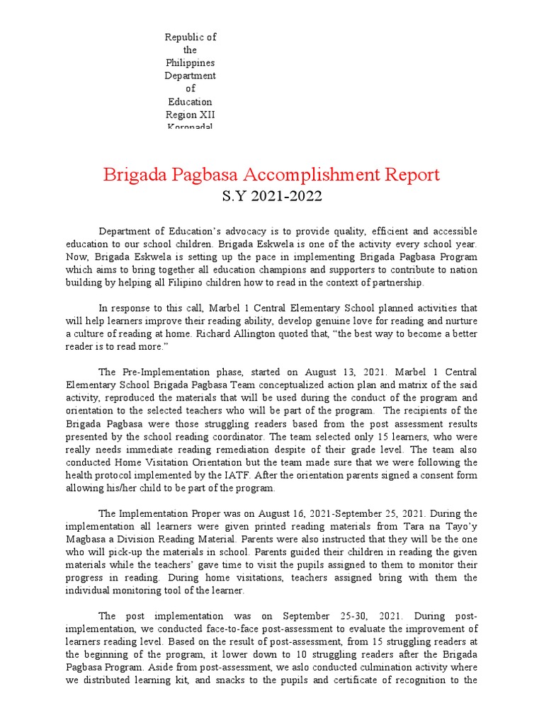 Brigada Pagbasa Accomplishment Report | PDF | Education Theory ...