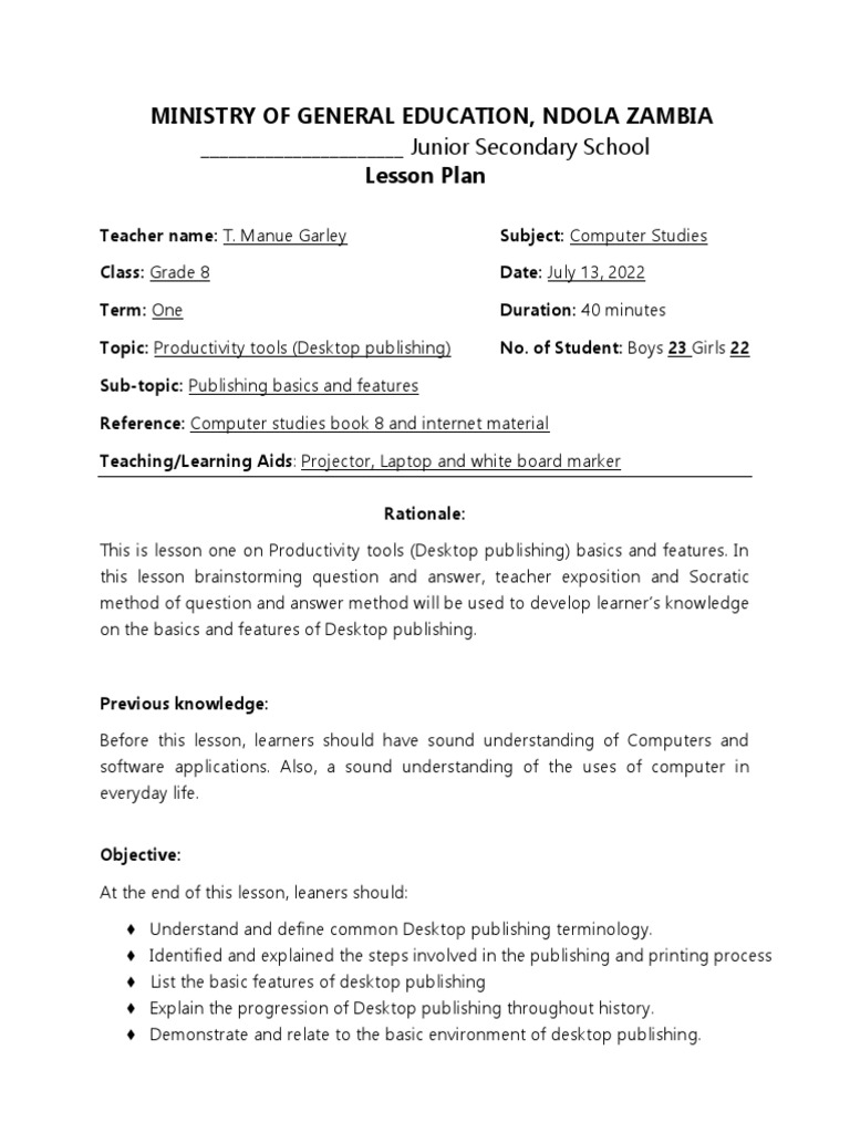 Grade 8 Desktop Publishing Lesson Plan | PDF | Application Software ...