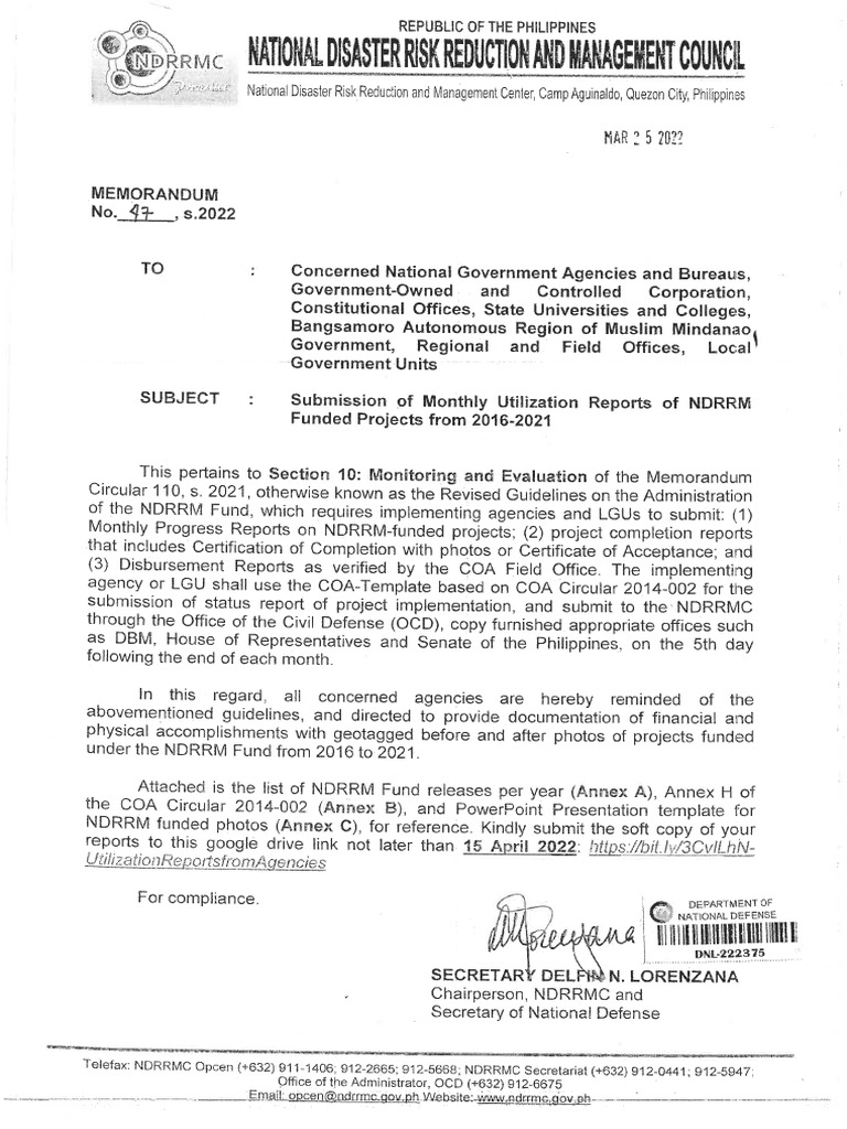 NDRRMC Memo No. 47, S. 2022 - Submission of Agencies of Utilization ...