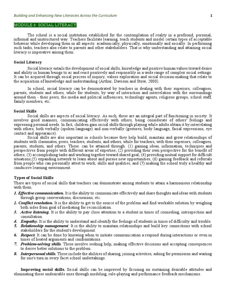 Module 6: Social Literacy | PDF | Conflict Resolution | Teachers
