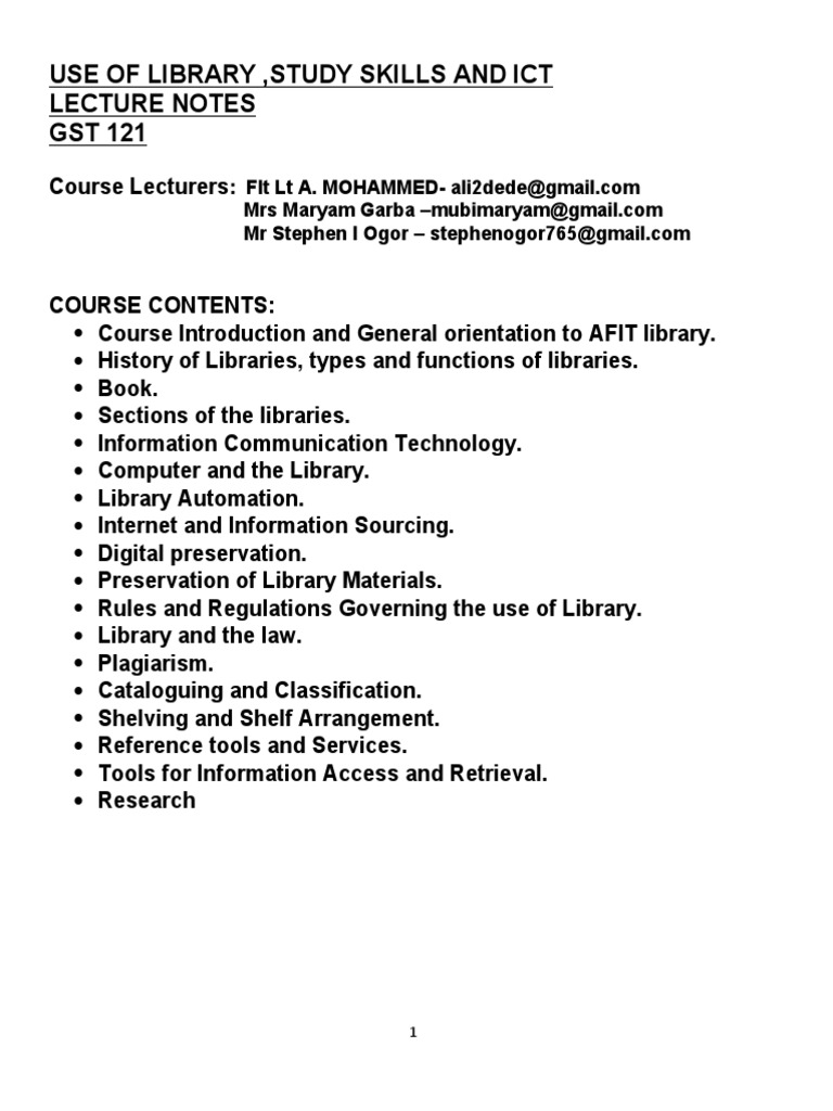 Use of Library, Study Skills and Ict Lecture Notes GST 121: Course ...