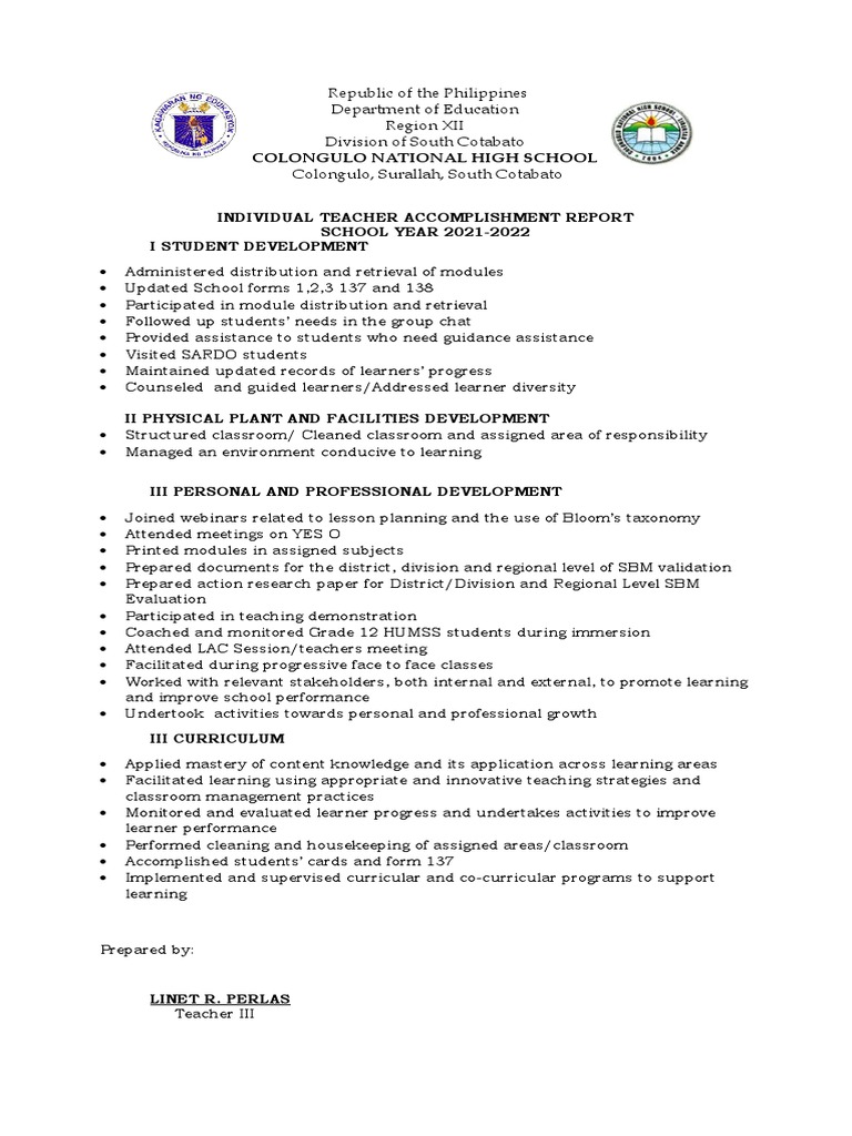 Teacher Accomplishment Report 2021-2022 | PDF