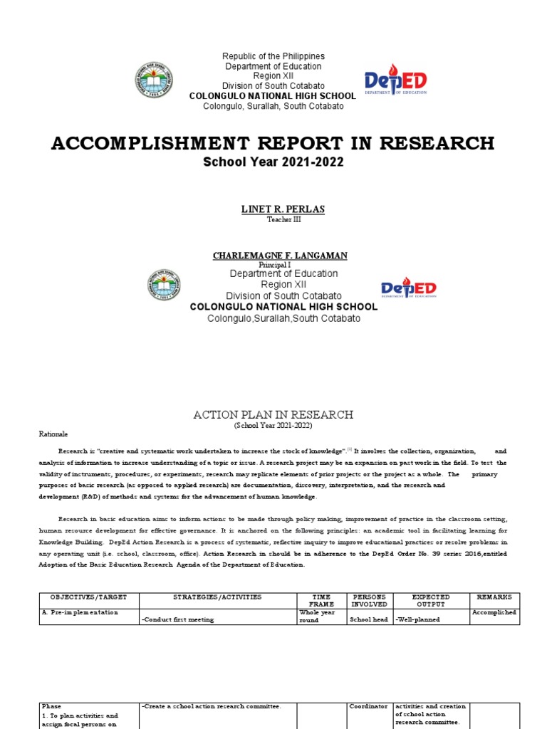 Research Accomplishment Report 2021-2022 | PDF | Cognition | Learning