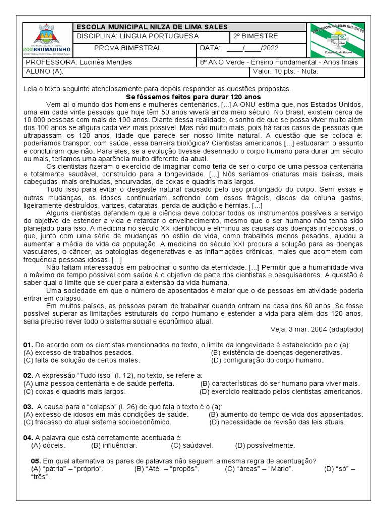 Prova 8º 2º Bim Se Fossemos Feitos.. | PDF | Humano | Science