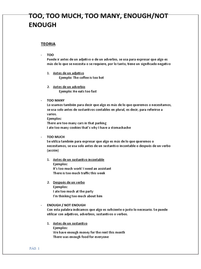 Uso de Too, Too Much, Too Many, Enough | PDF | Sustantivo | Semiótica