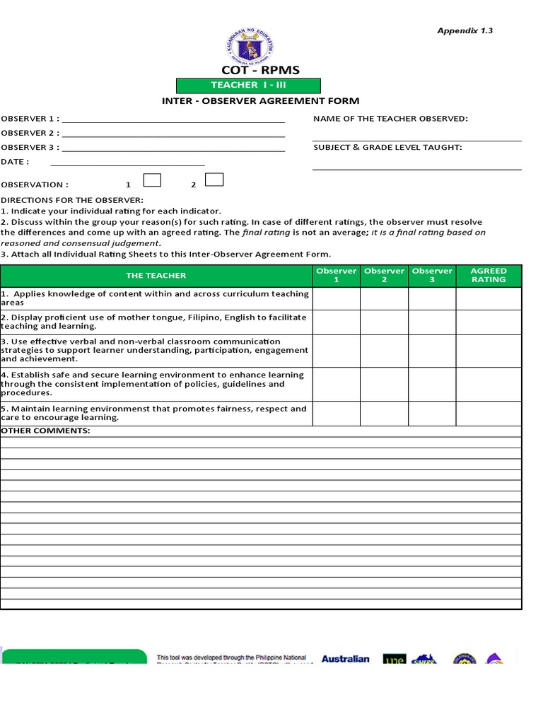 Inter Observer Agreement Form Teacher I III | PDF | Learning ...