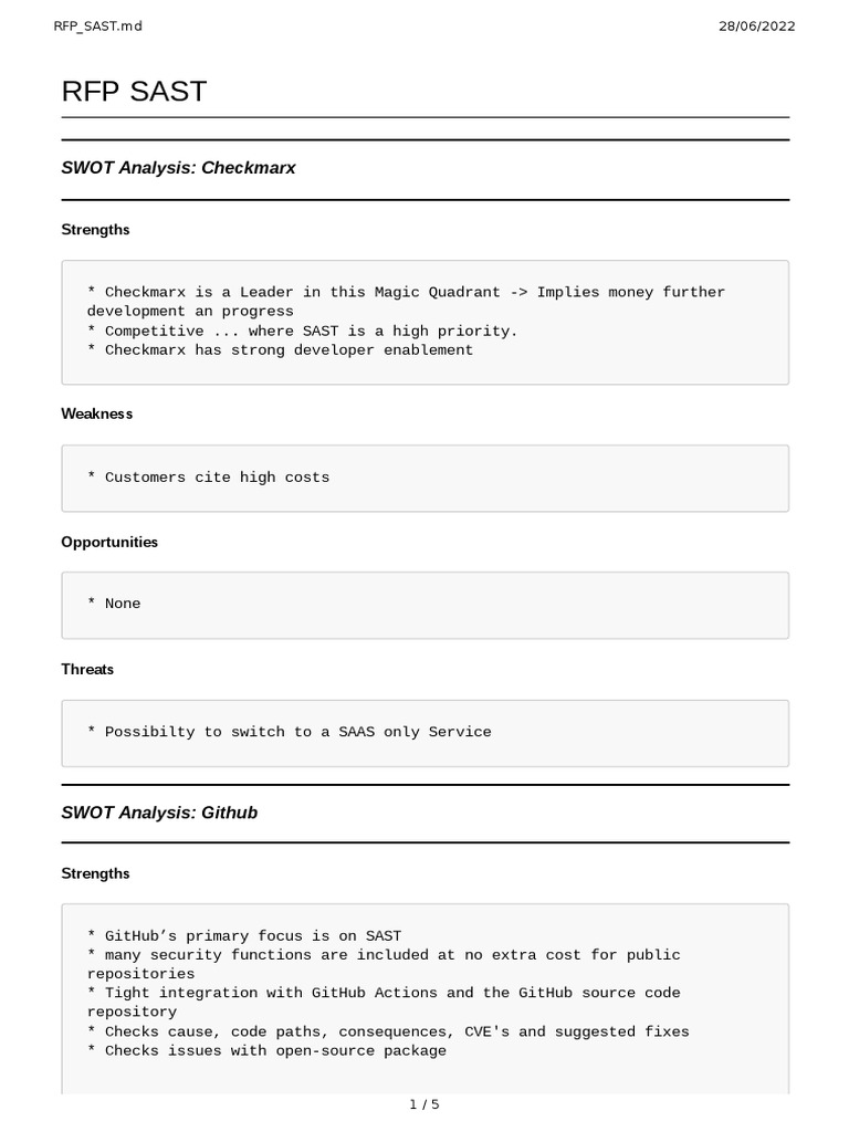 Rfp Sast Swot Analysis Checkmarx Pdf Integrated Development