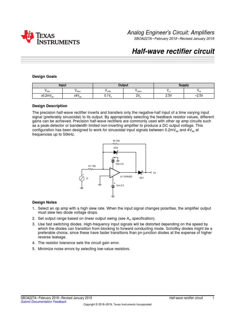 Half-Wave Rectifier Circuit: Analog Engineer's Circuit: Amplifiers | PDF | Amplifier | Rectifier