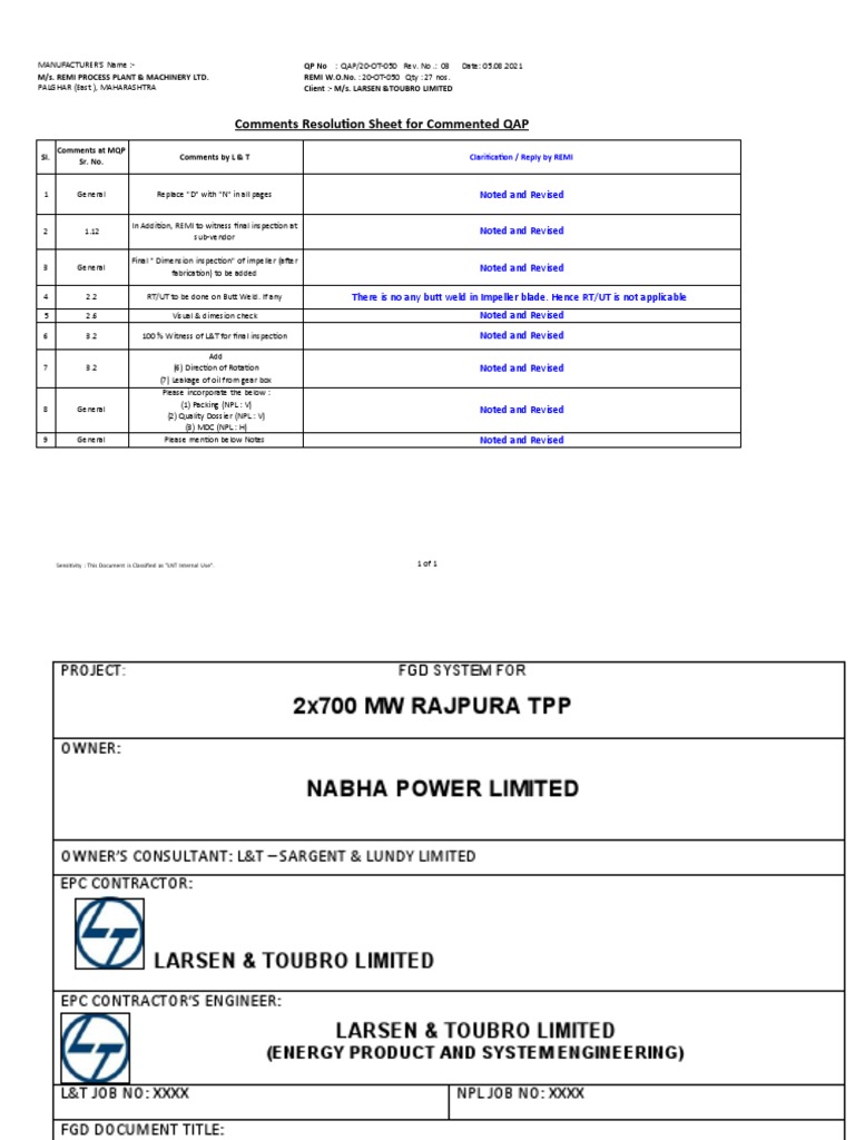Comments Resolution Sheet For Commented QAP | PDF | Verification And ...