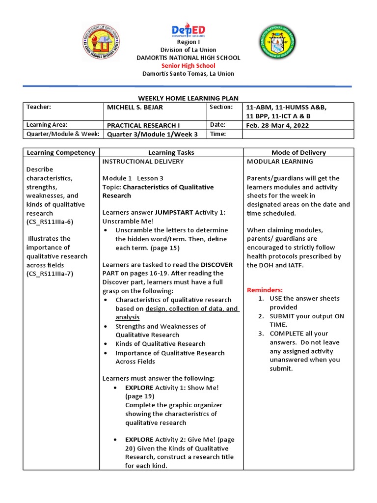 Region I Division of La Union Damortis National High School Damortis ...