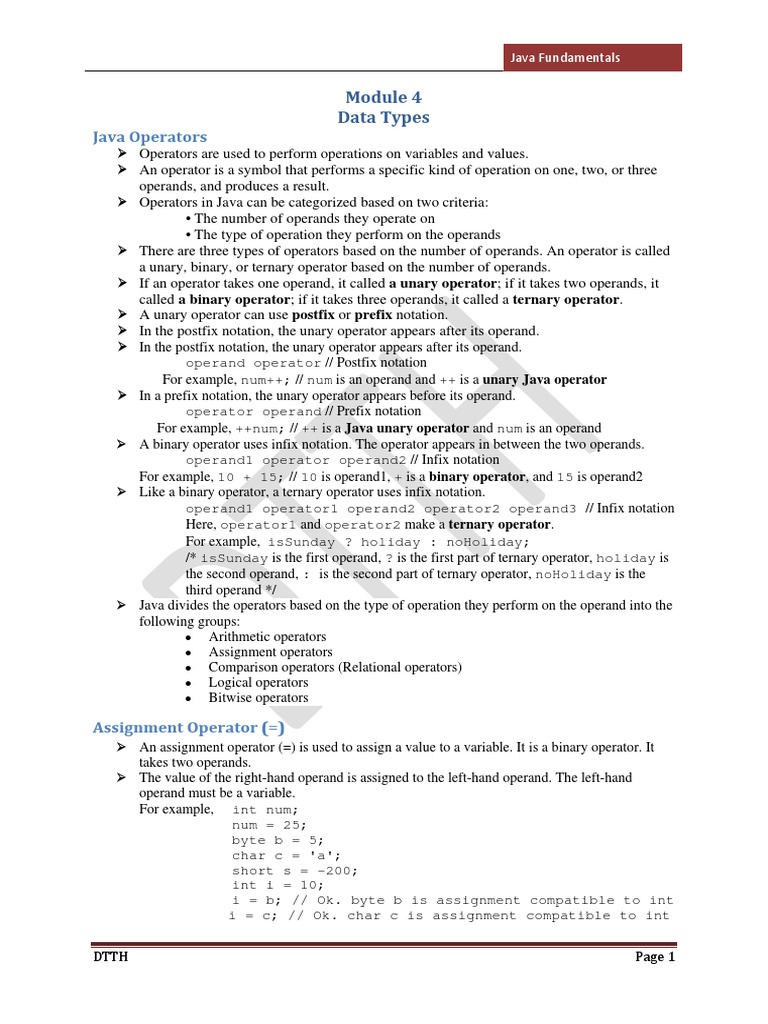 Java Operators: Data Types | PDF | Arithmetic | Computer Engineering