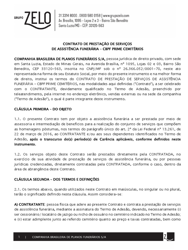 Contrato de assistência funerária CBPF Prime Cemitérios | PDF | Morte ...