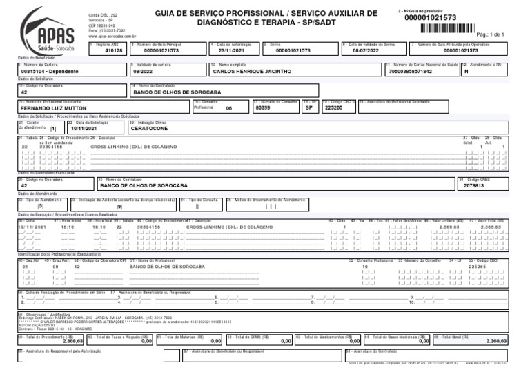 Guia TISS 1021573 Guia SADT Arquivo1 | PDF