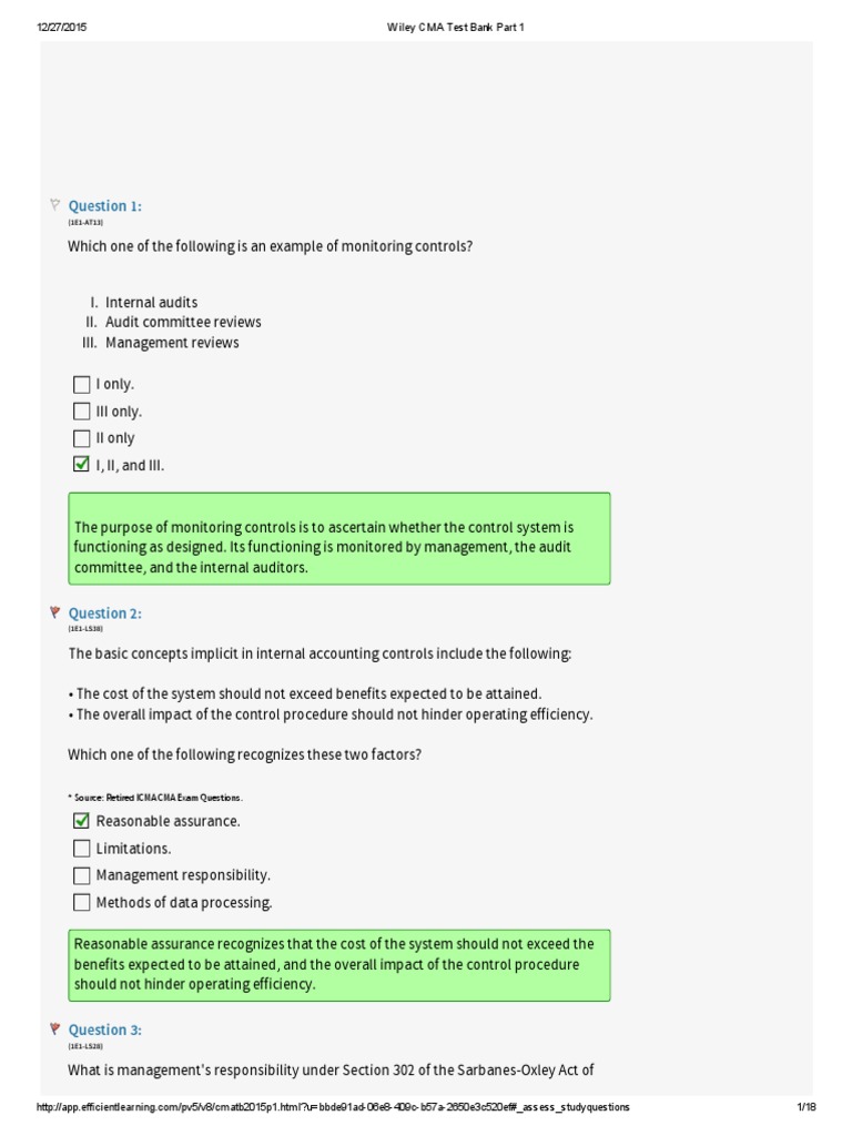 Source: Retired ICMA CMA Exam Questions | PDF | Internal Control | Audit