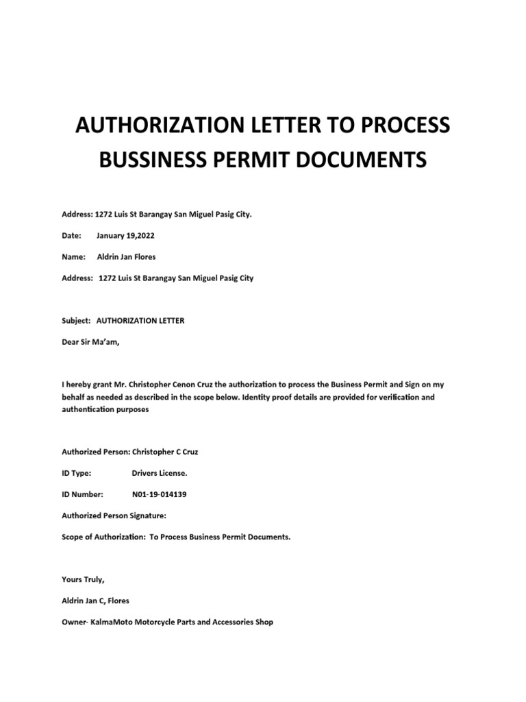 Authorization Letter for Business Permit | PDF | Social Science | Law