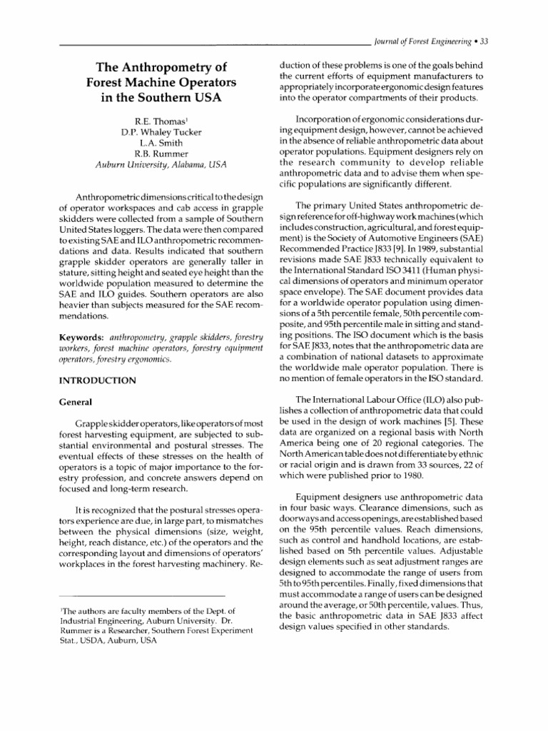 The Anthropometry of Forest Machine Operators in The Southern USA | PDF ...
