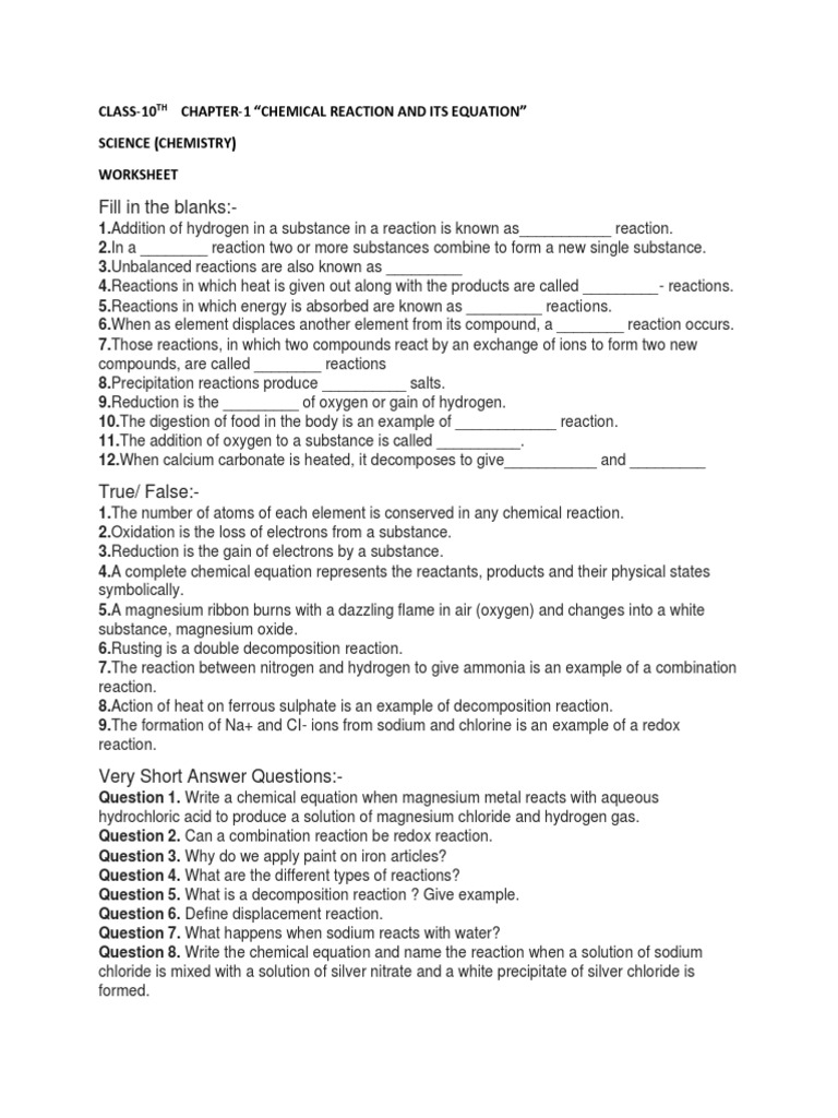 Chemical Reactions Worksheet Class 10 | PDF | Chemical Reactions | Redox