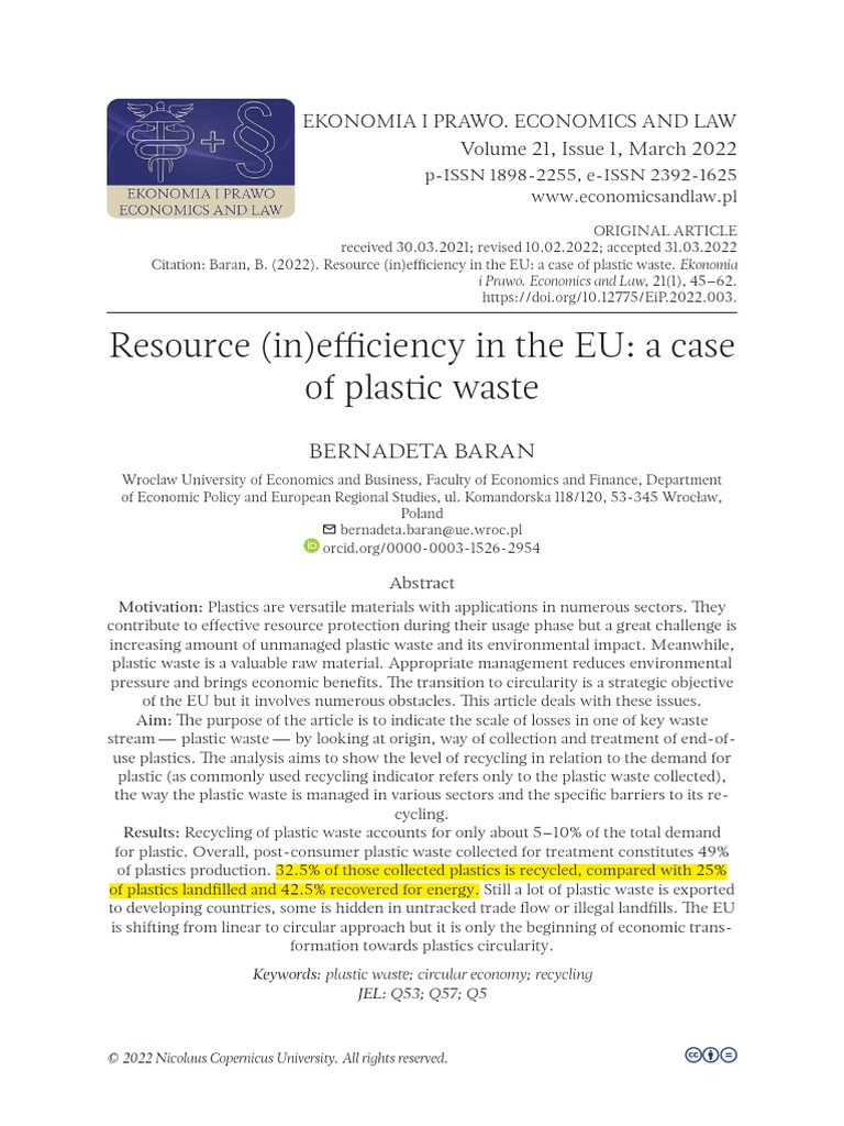 Resource (In) Efficiency in The EU: A Case of Plastic Waste: Bernadeta ...