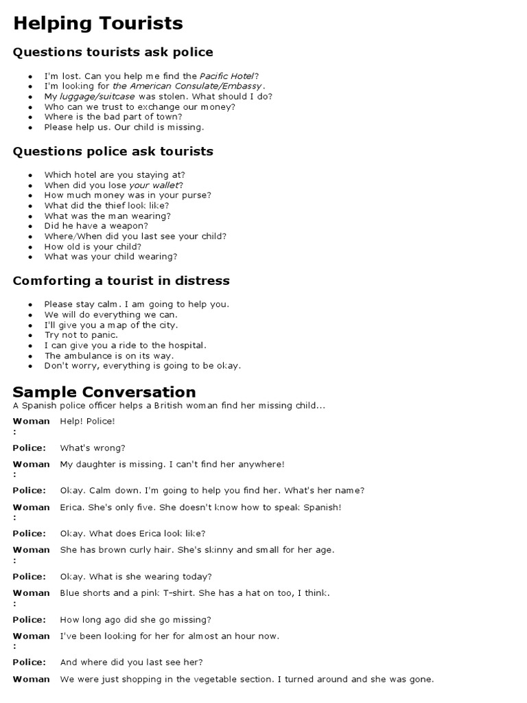 Tourist Help Guide: Questions, Comforting Lost Travelers | PDF