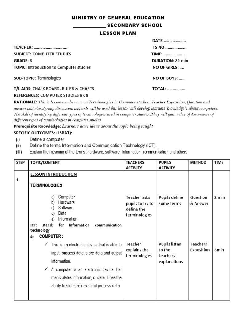COMPUTER STUDIES LESSON PLANS G8 by Phiri D PDF | PDF | Input/Output ...