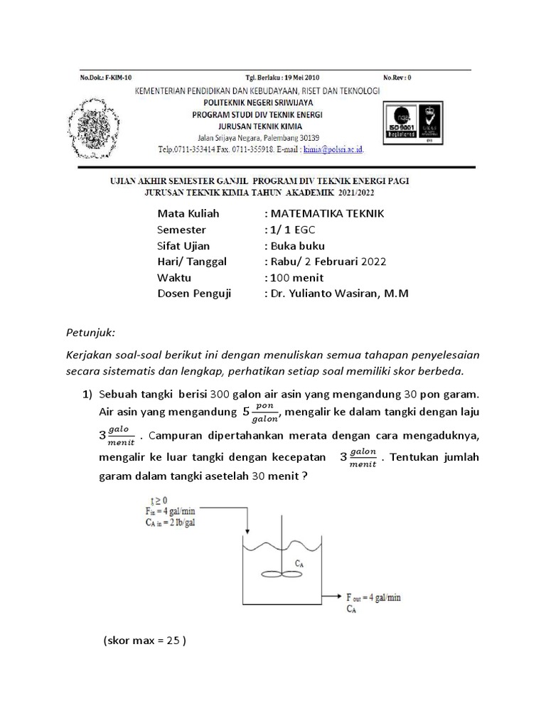 Soal Uas Matematika Teknik Energi 1 Egc Oke | PDF