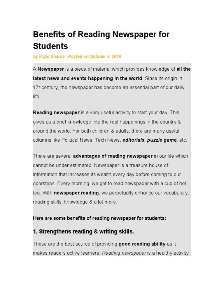 Benefits Of Reading Newspaper For Student1 Pdf Vocabulary Newspapers