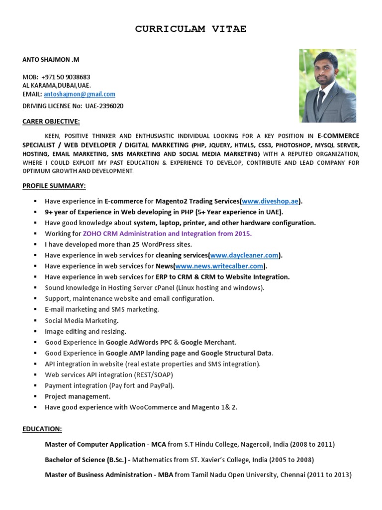 Curriculam Vitae: MOB: +971 50 9038683 Al Karama, Dubai, Uae. Email ...