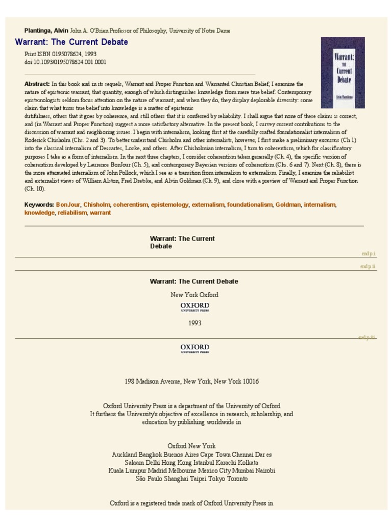 Warrant The Current Debate (Alvin Plantinga) | PDF | Epistemology ...