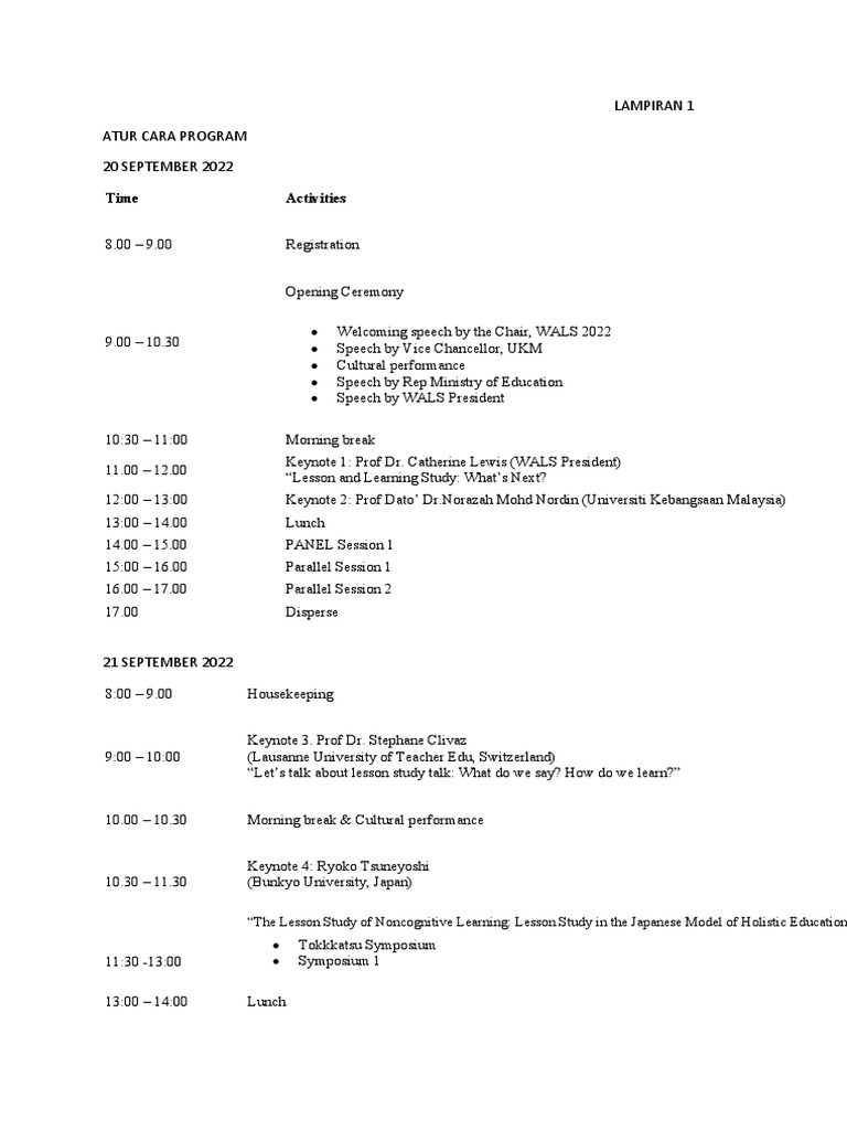 Lampiran 1 Atur Cara Program 20 SEPTEMBER 2022: Time Activities | PDF