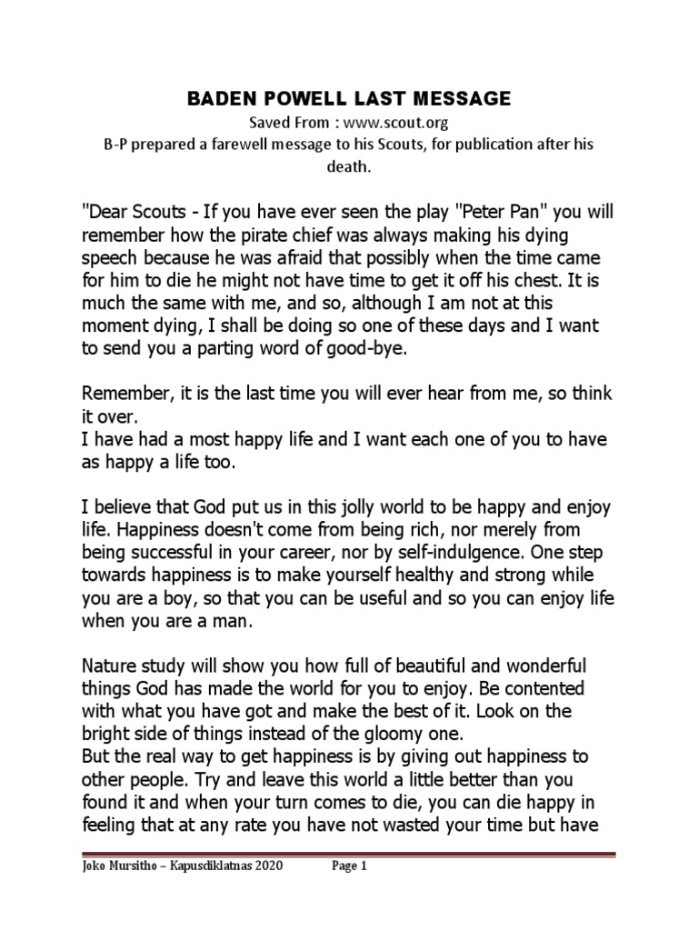 Baden Powell Last Message | PDF | Youth Organizations | Youth Movements