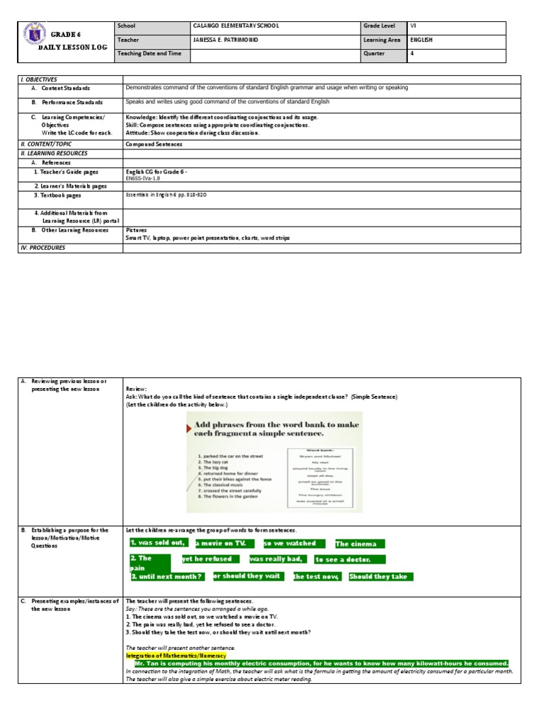 COT DLP ENGLISH 6 Q4-Coordinating Conjunction | PDF | English Language | Teachers