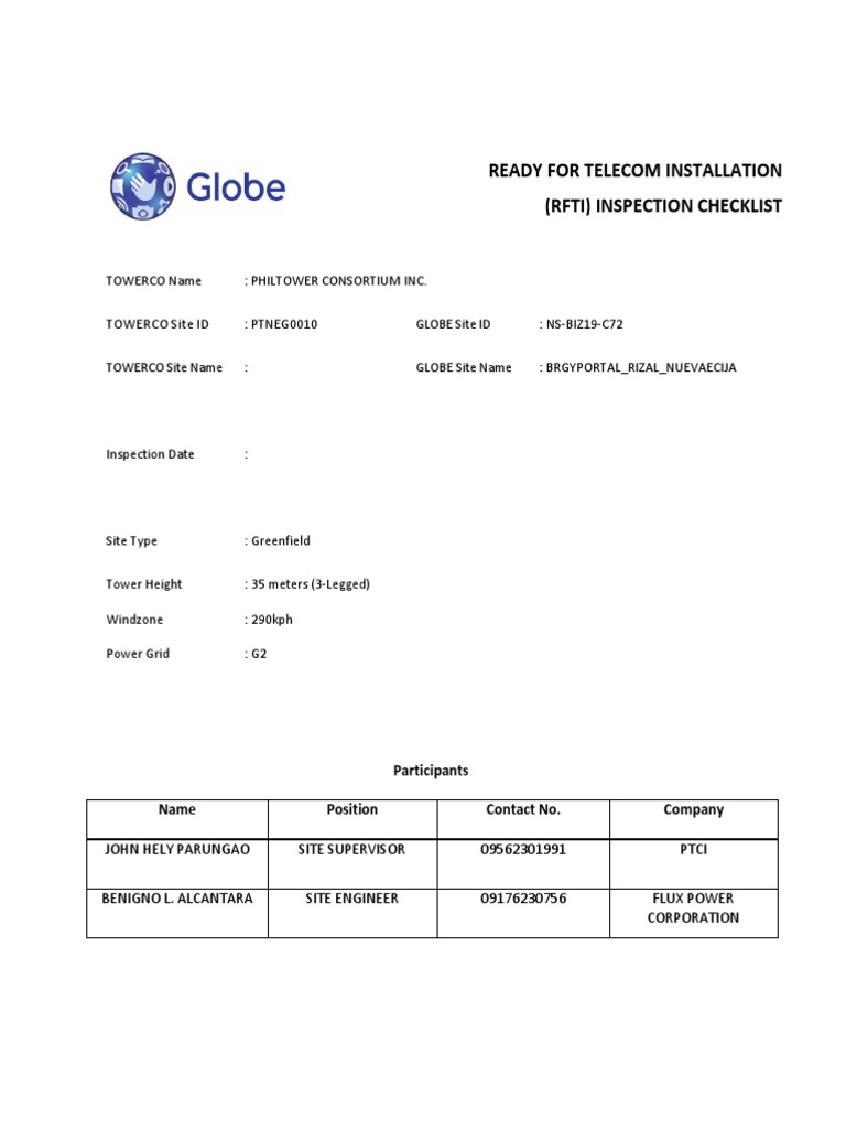 Ready For Telecom Installation (Rfti) Inspection Checklist ...