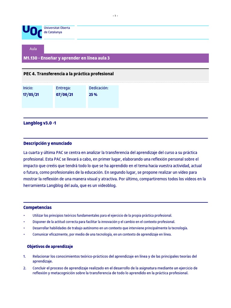 M1.130 20202 1141483 pec4.TransferenciaALaPrácticaProfesional | PDF | Aprendizaje | Salón de clases