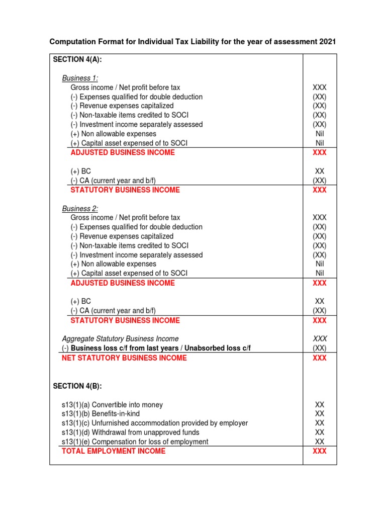 Computation Format For Individual Tax Liability For The Year of ...