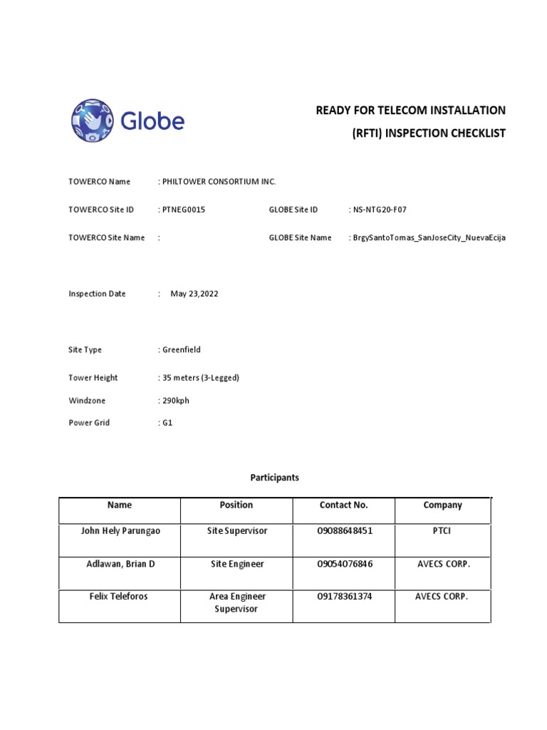 Ready For Telecom Installation (Rfti) Inspection Checklist ...