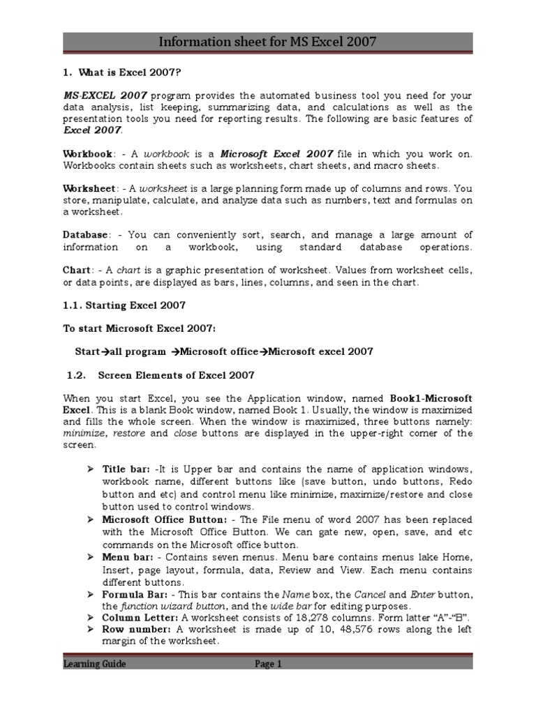 Information Sheet For MS Excel 2007 | PDF | Microsoft Excel | Worksheet